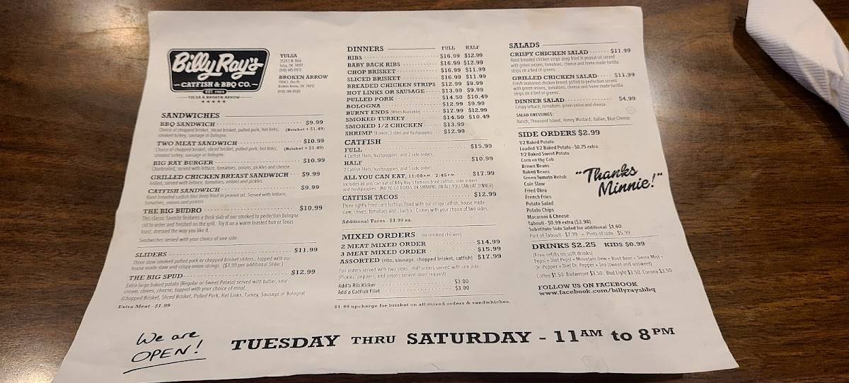 Menu at Billy Ray's Catfish & BBQ - Tulsa, Tulsa, Southwest Blvd