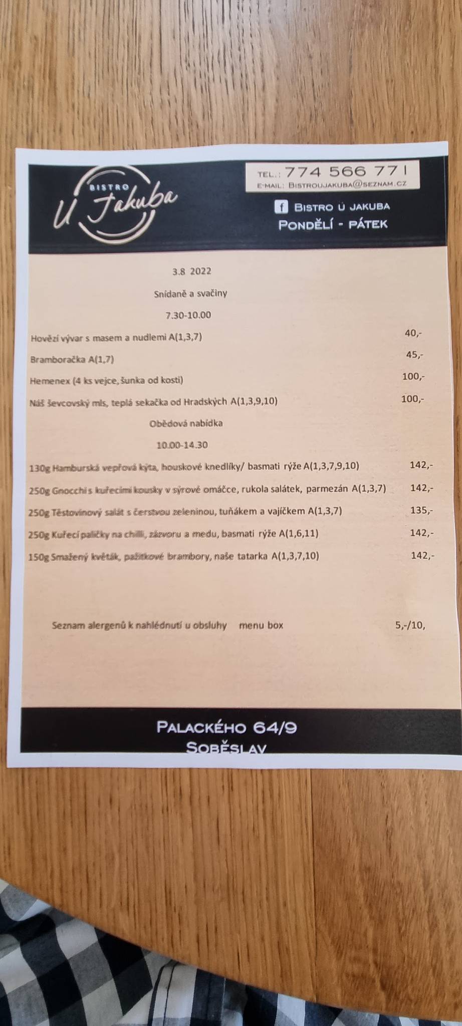 Menu at Bistro U Jakuba restaurant, Soběslav