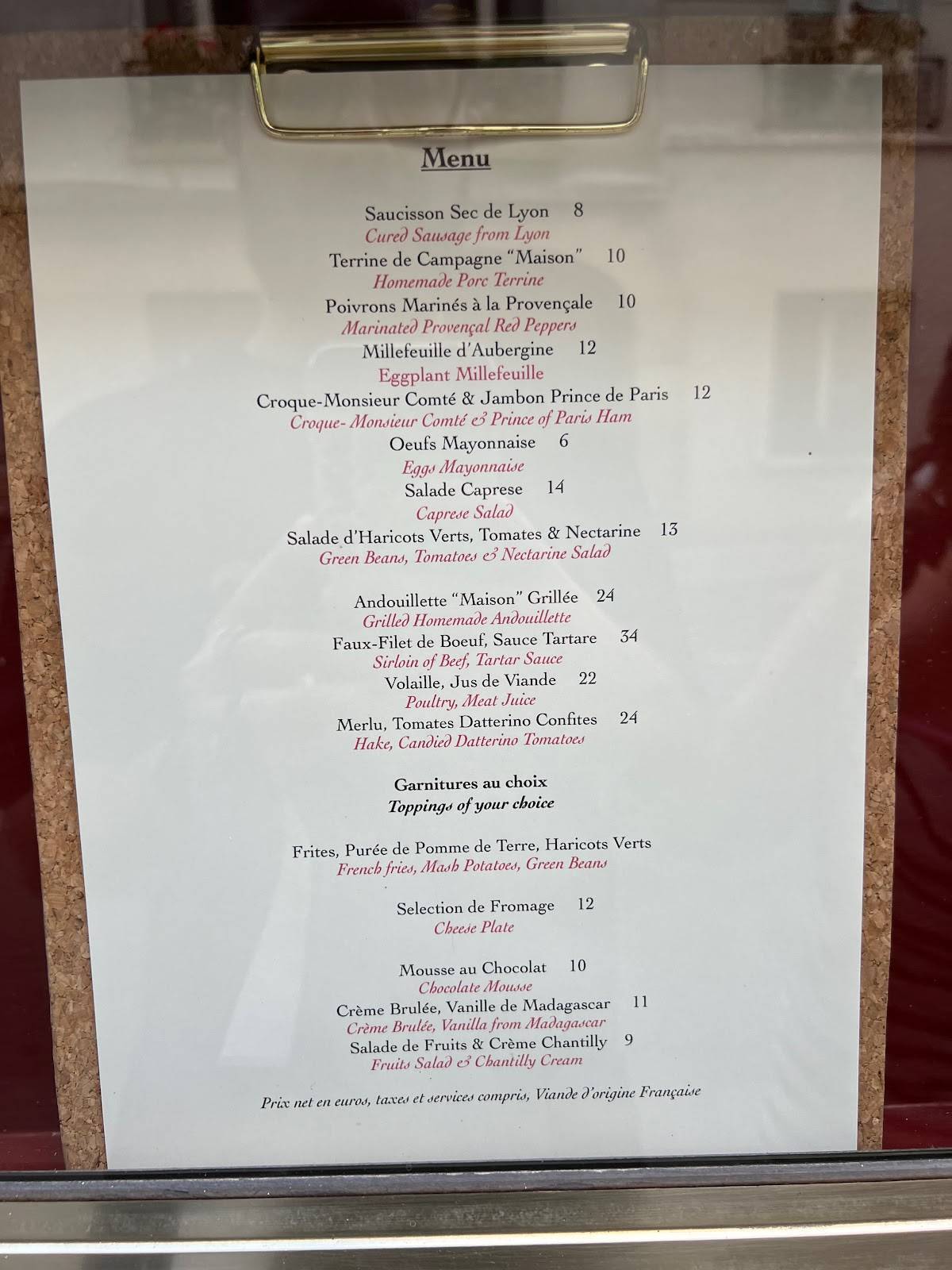 Menu au Bistrot Des Tournelles restaurant, Paris