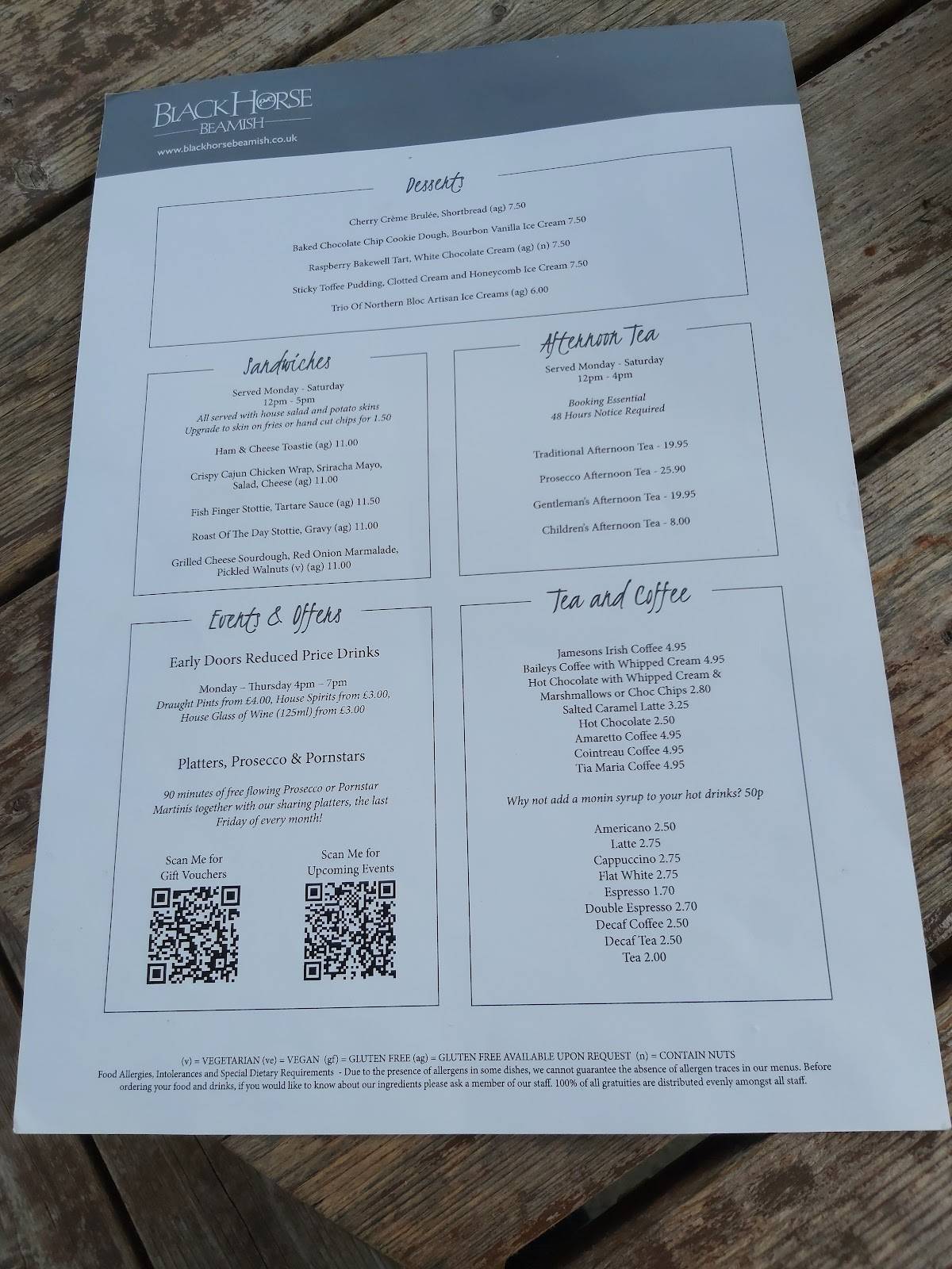 Menu at Black Horse Beamish pub & bar, Stanley, Red Row