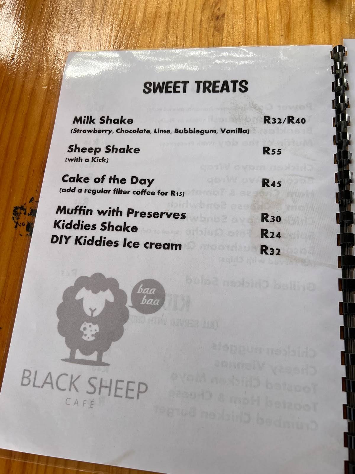 Menu at Black Sheep café restaurant, Bloemfontein