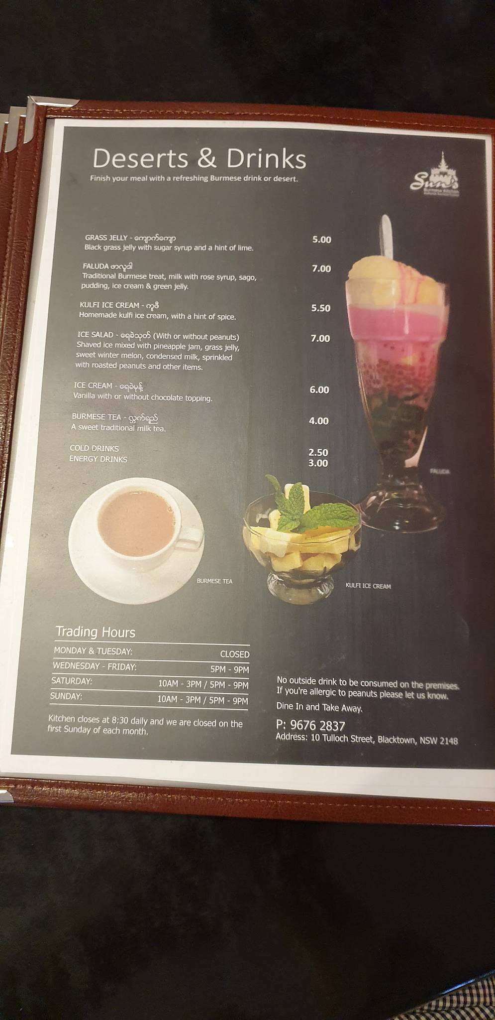Menu at Sun's Burmese Kitchen restaurant, Blacktown