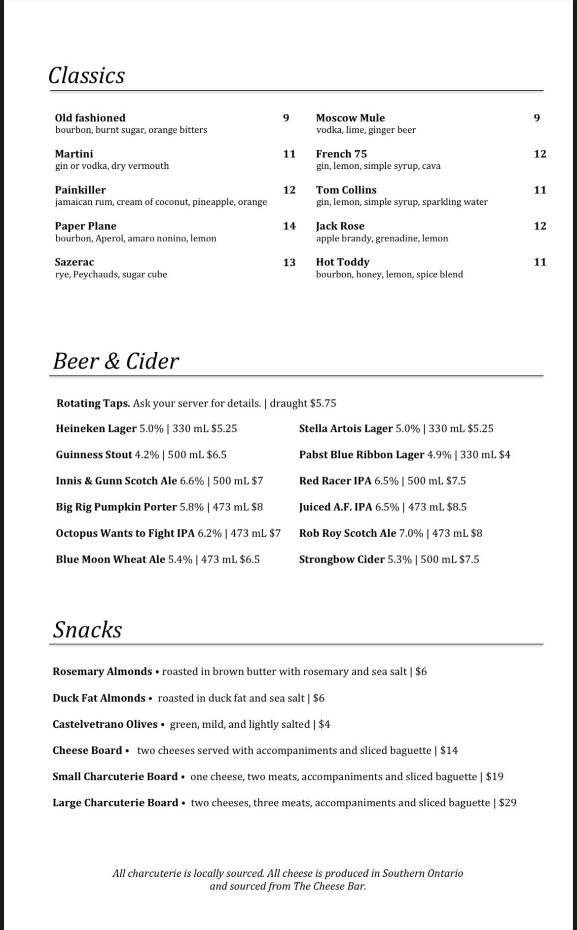 Menu at Blind Owl pub & bar, Windsor