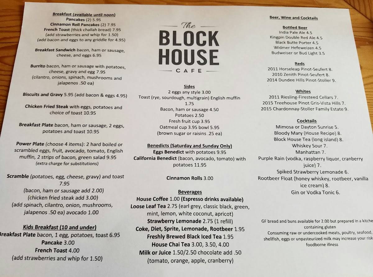 Menu at Block House Cafe, Dayton
