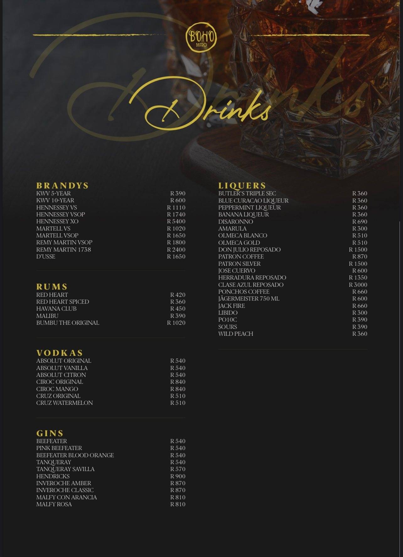 Menu at Boho Bistro restaurant, Bloemfontein