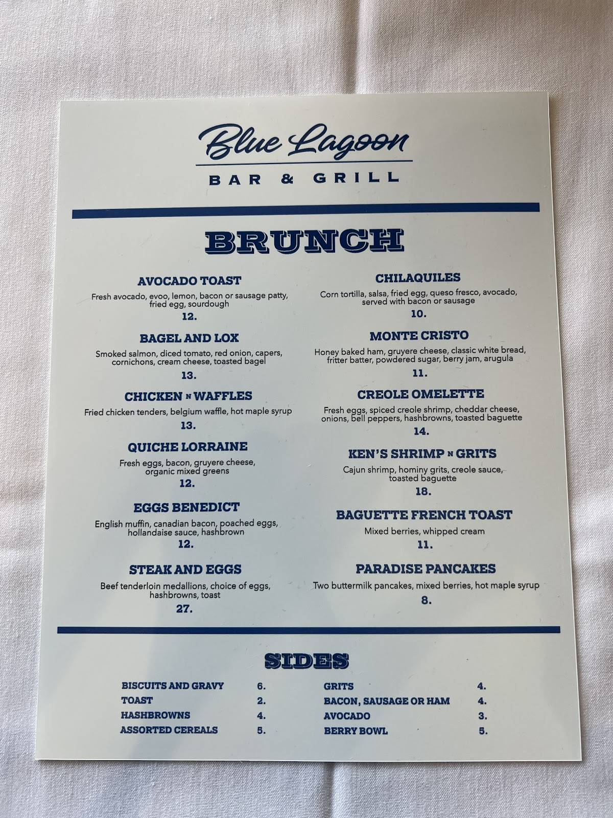 Carta de Blue Lagoon Bar & Grill, Texas City