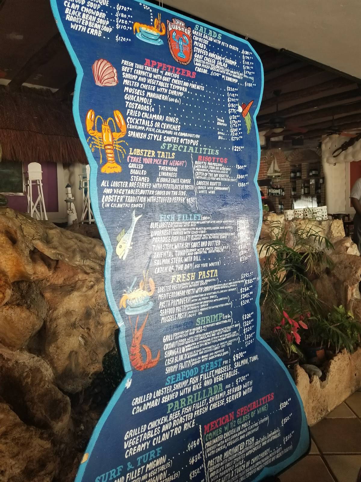 Menu at Blue Lobster restaurant, Playa del Carmen