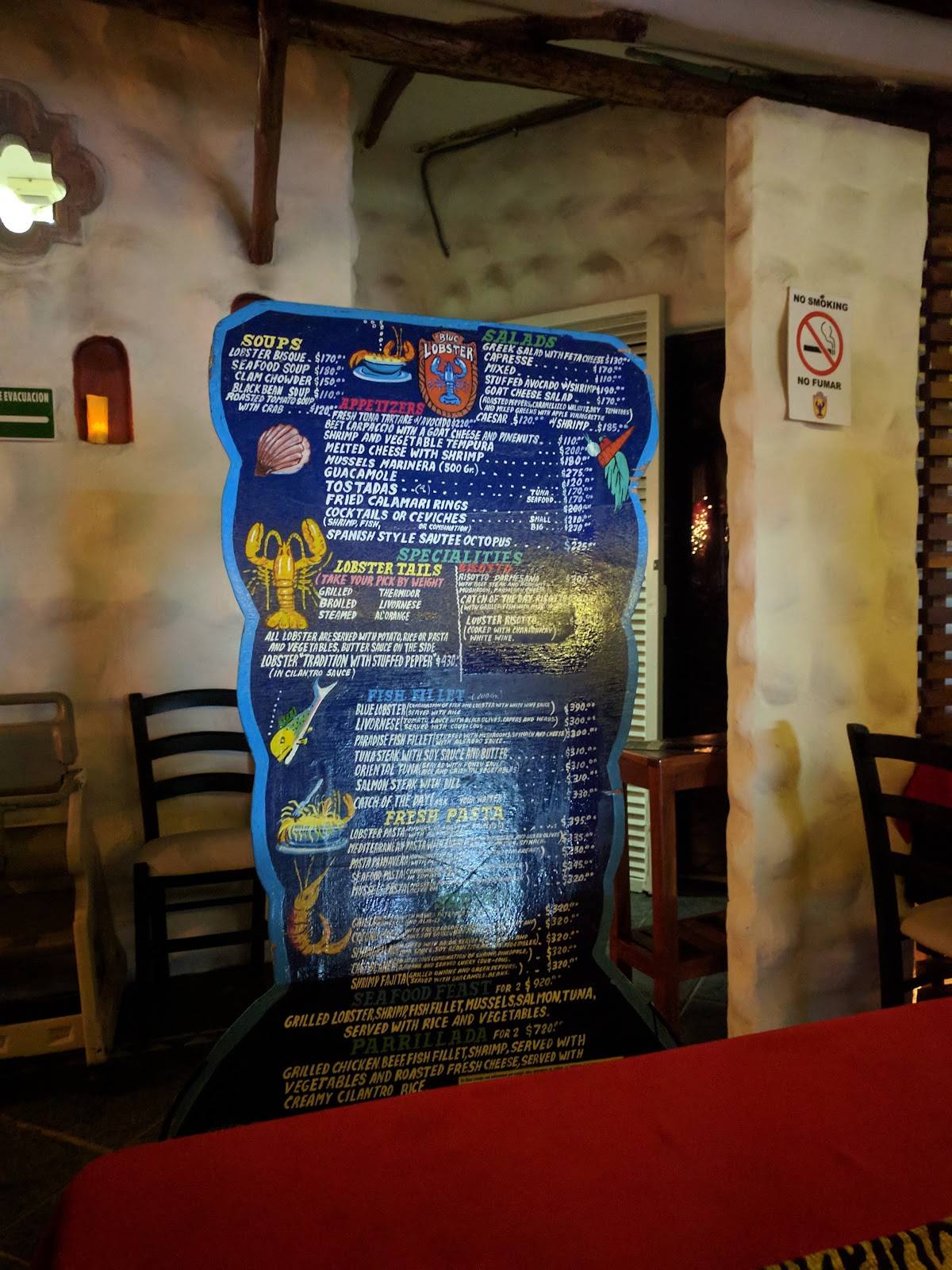 Menu at Blue Lobster restaurant, Playa del Carmen