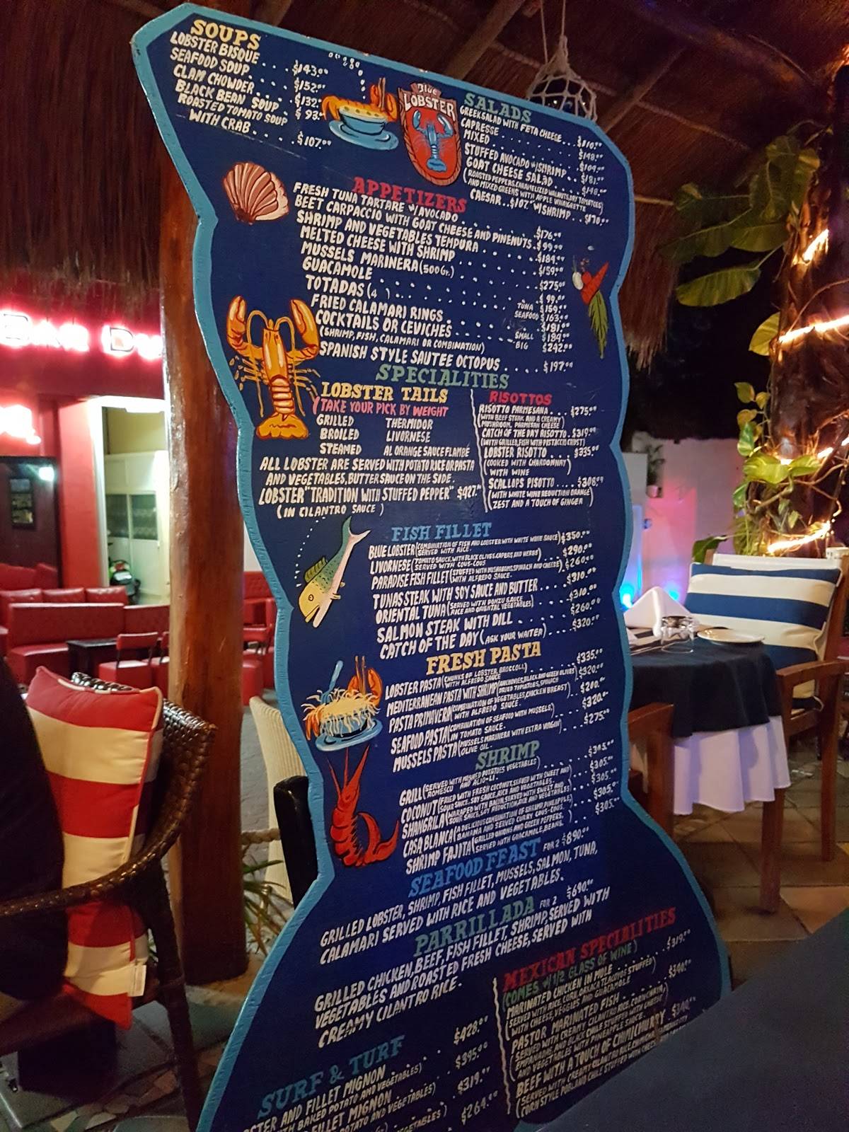 Menu at Blue Lobster restaurant, Playa del Carmen