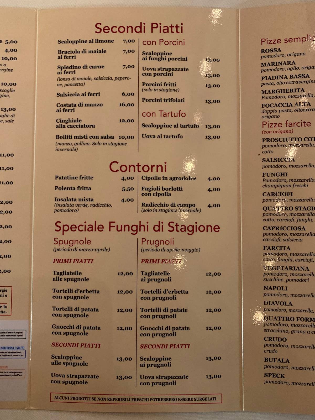 Menu da Blue River ristorante, Marzolara