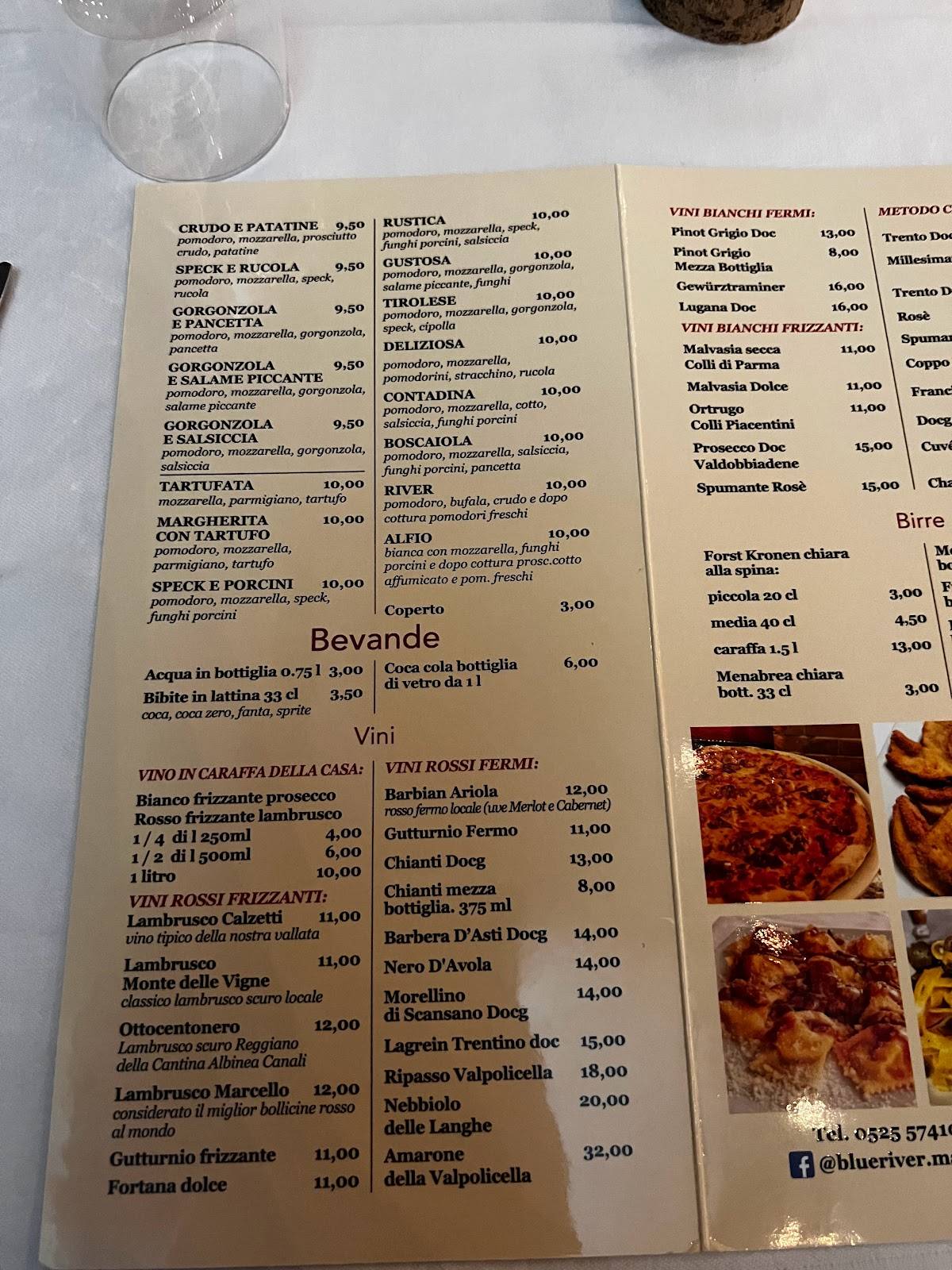 Menu da Blue River ristorante, Marzolara
