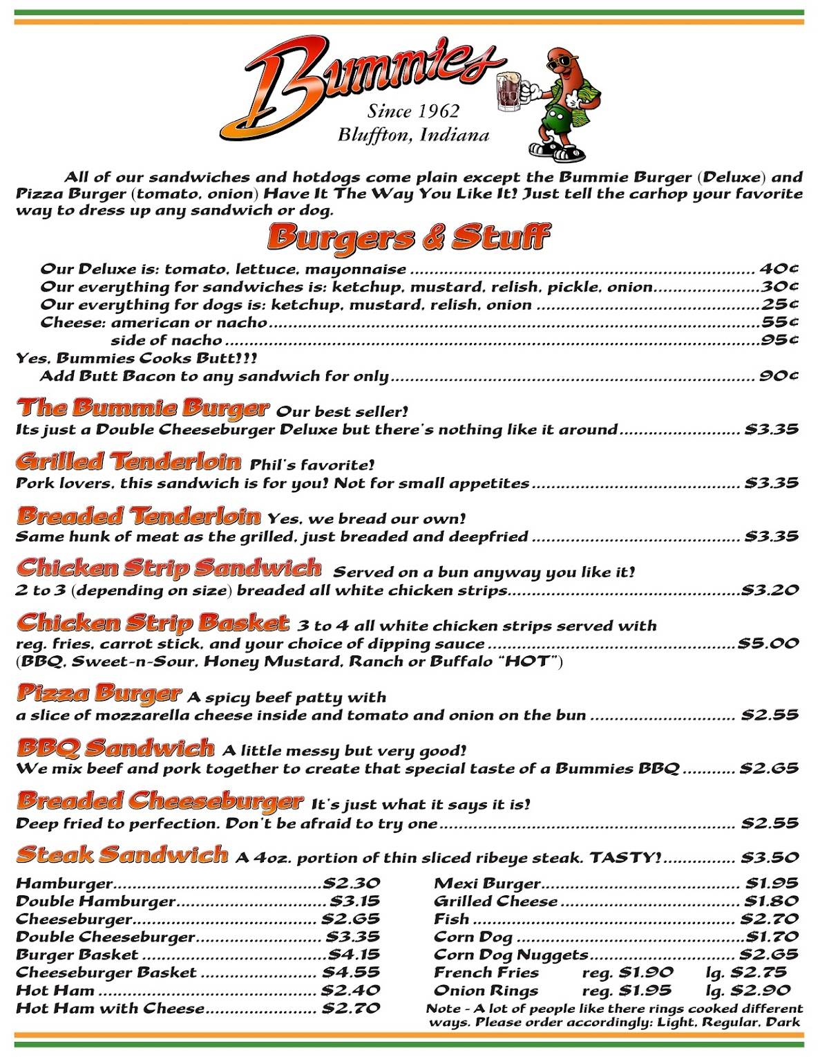 Menu at Bummie's Drive-In restaurant, Bluffton