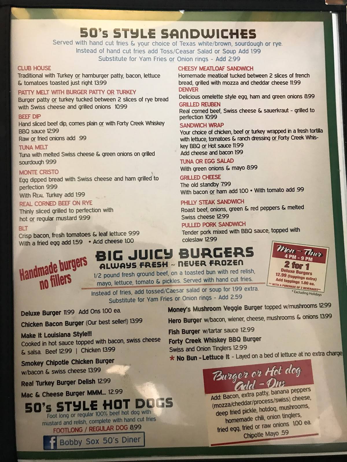 Menu at Bobby Sox 50's Diner restaurant, Maple Ridge