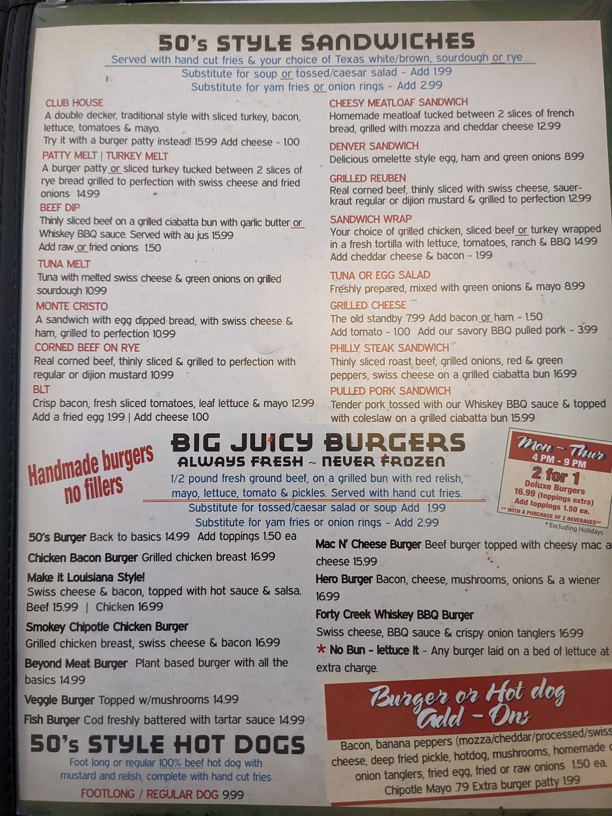 Menu at Bobby Sox 50's Diner restaurant, Maple Ridge