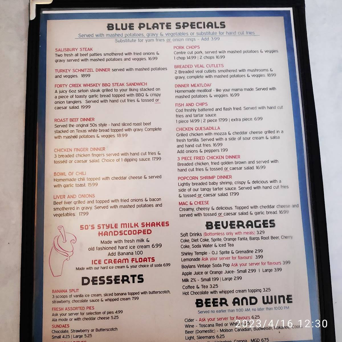Menu at Bobby Sox 50's Diner restaurant, Maple Ridge