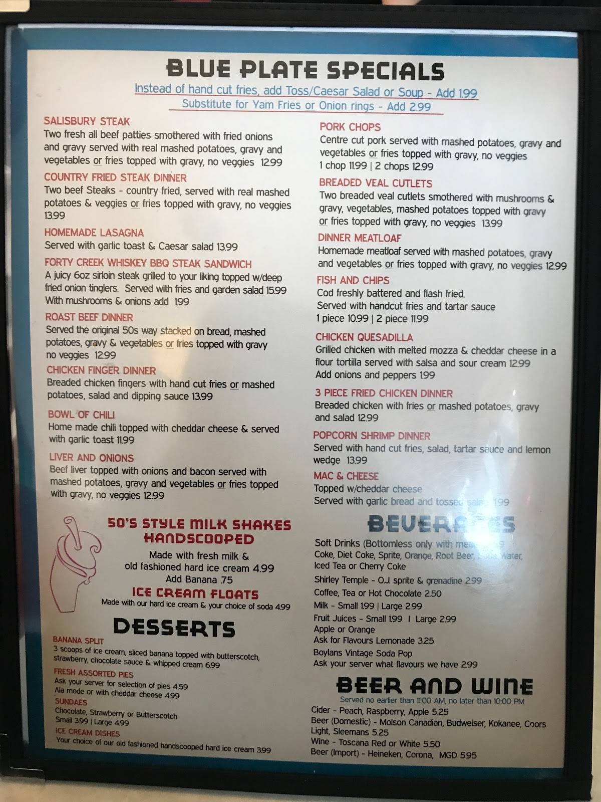 Menu at Bobby Sox 50's Diner restaurant, Maple Ridge