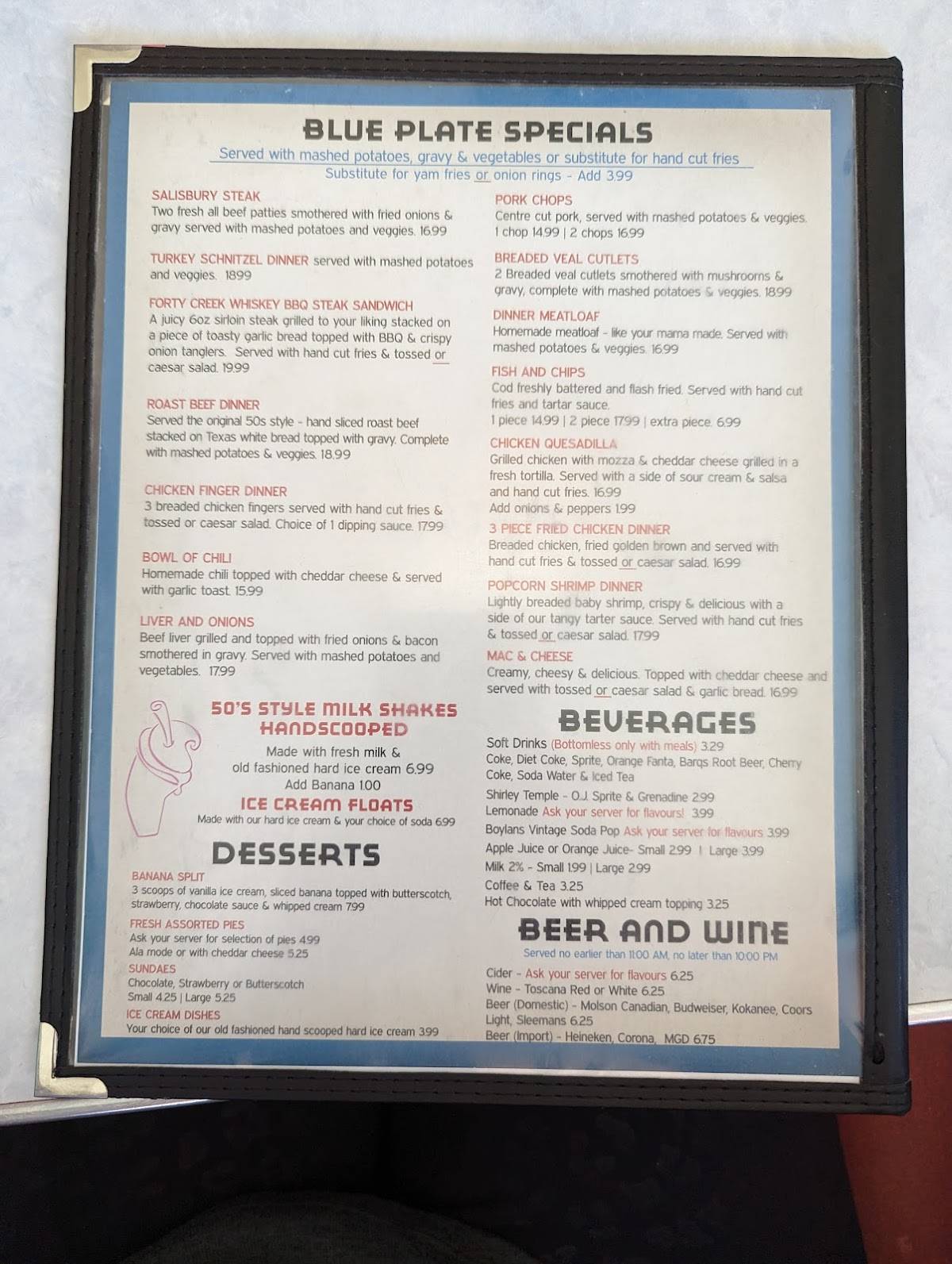 Menu at Bobby Sox 50's Diner restaurant, Maple Ridge
