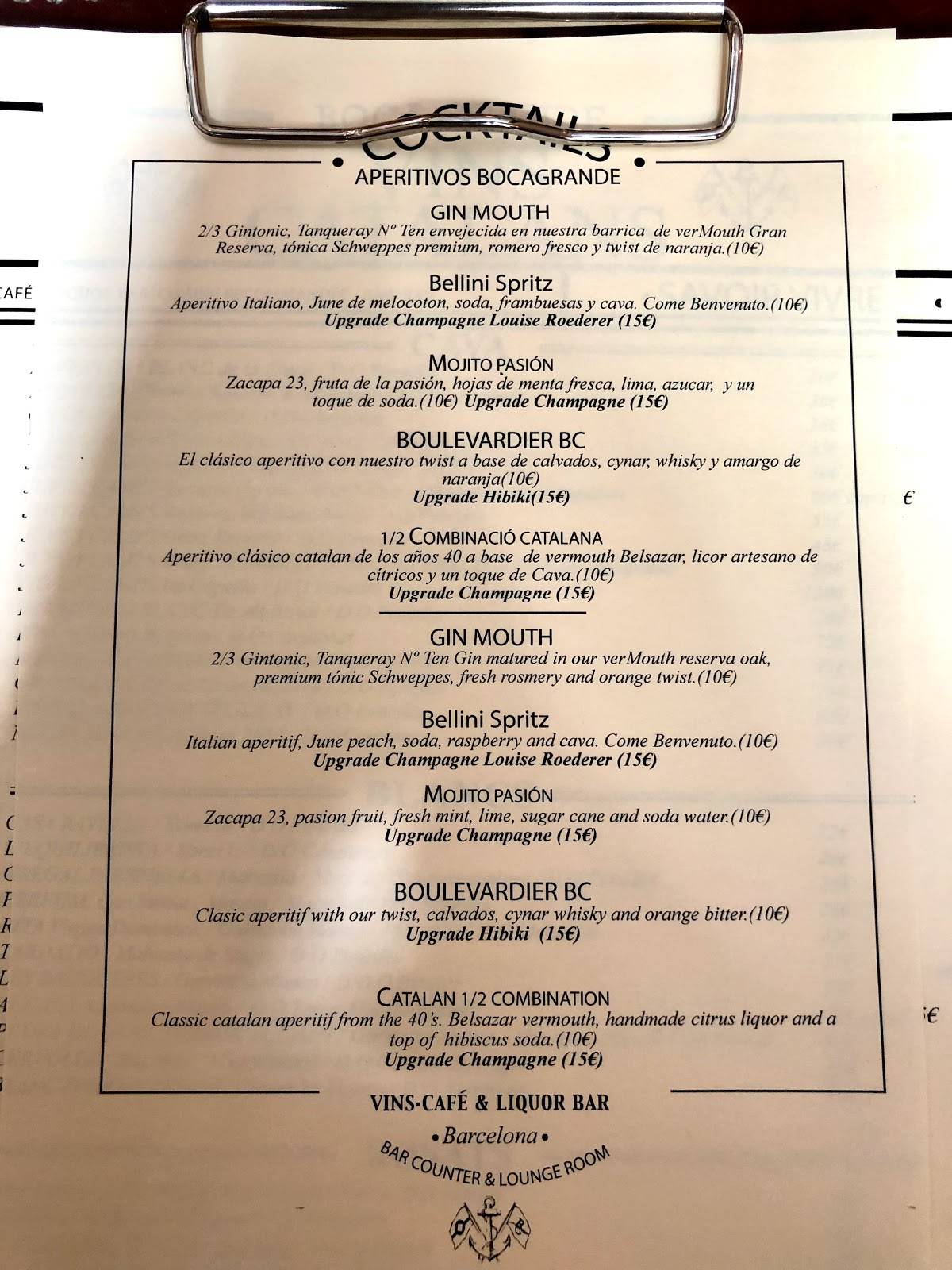 Menu at Boca Grande pub & bar, Barcelona, Passatge de la Concepció