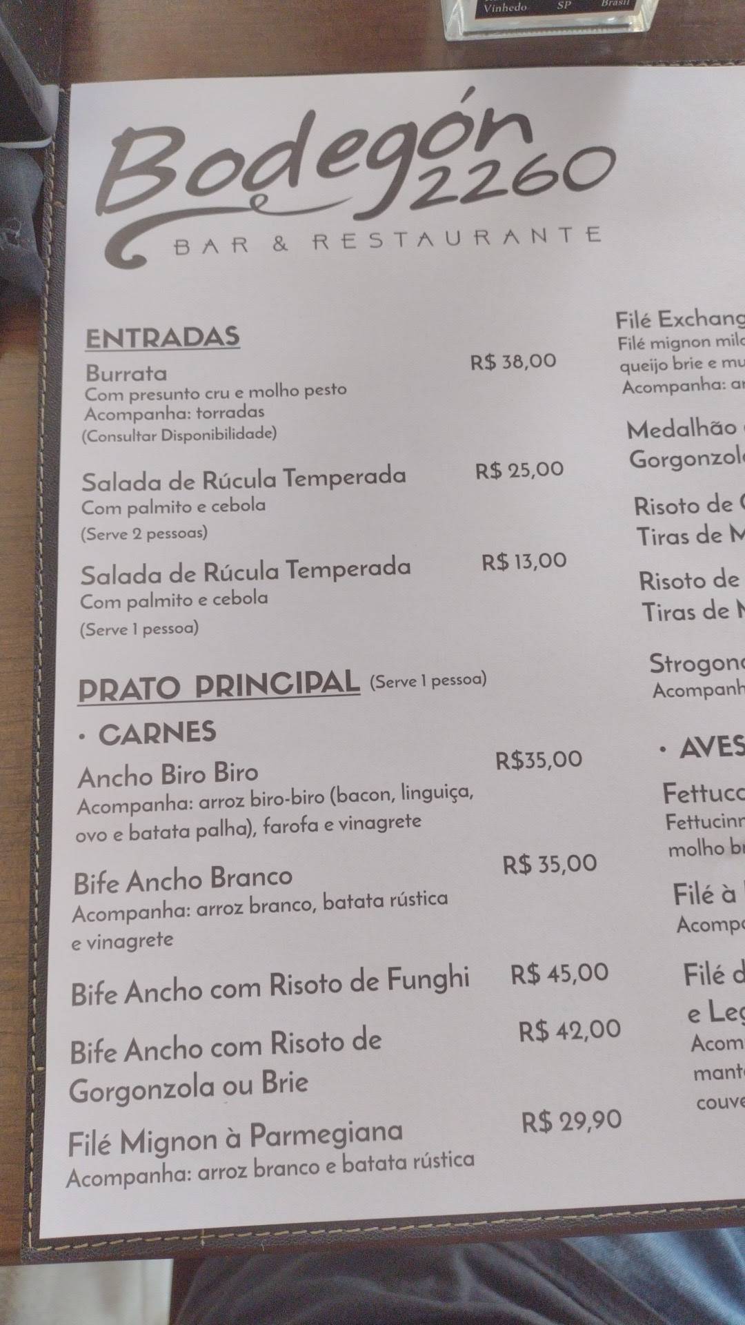 Menu em Bodegón 2260 restaurante, Vinhedo