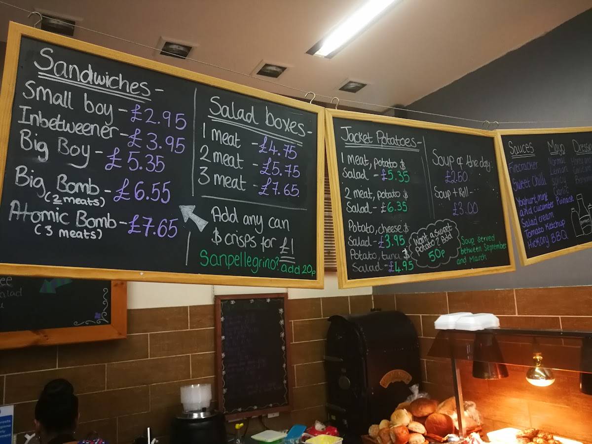 Menu at Bomber's Sandwich House fast food, Cardiff, 41 Charles St