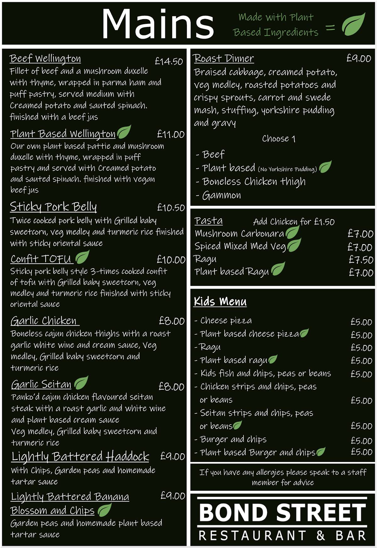 Menu at Bond Street Restaurant & Bar, Hull