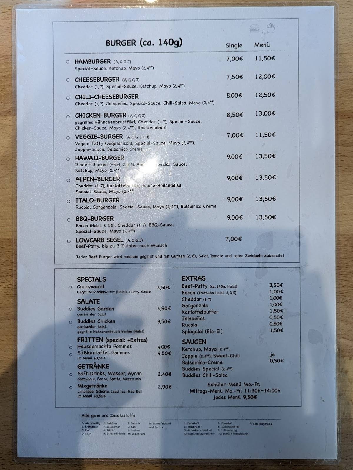Menu at Beef Buddies restaurant, Bonn