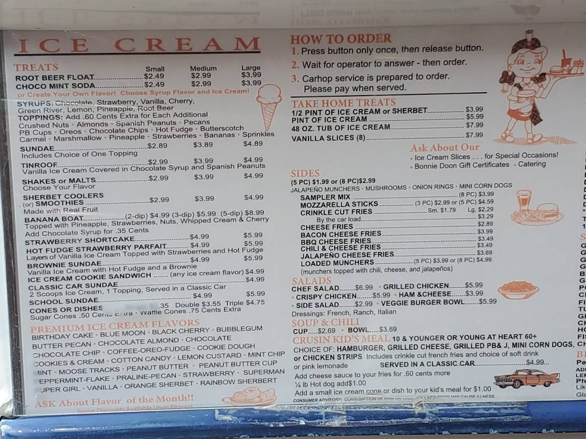 Menu at Bonnie Doon Drive-In restaurant, Mishawaka