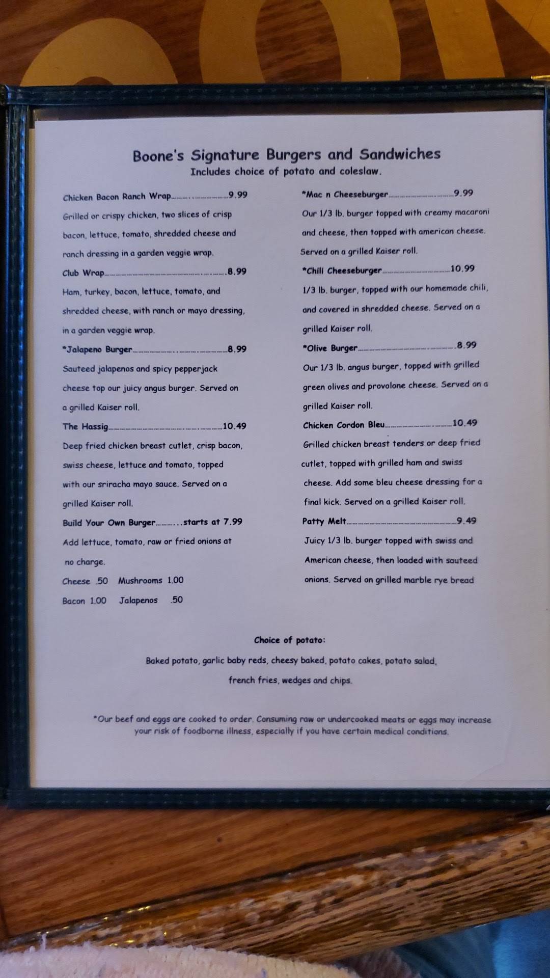 Menu at Boone's Saloon restaurant, Wisconsin Rapids