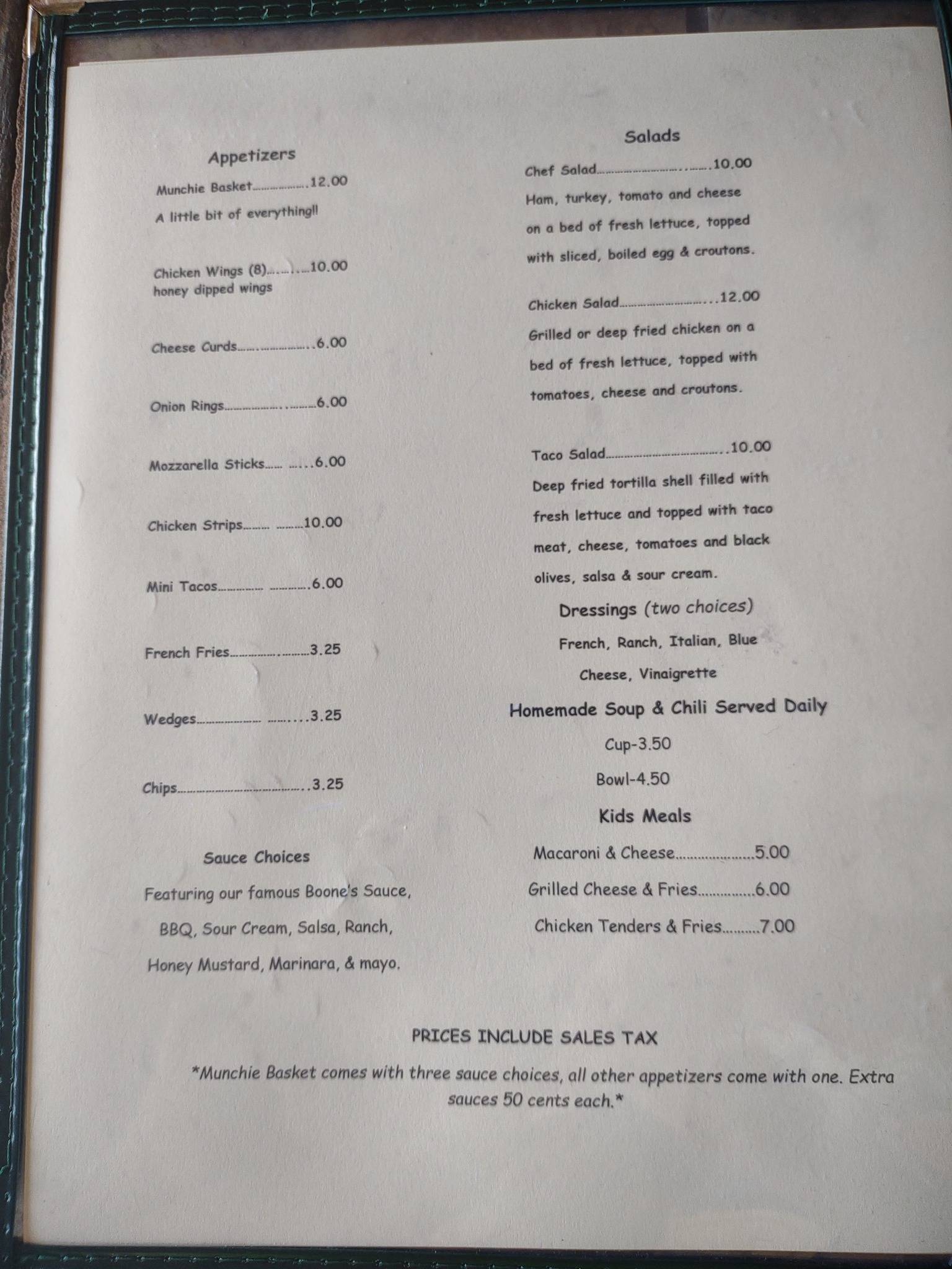 Menu at Boone's Saloon restaurant, Wisconsin Rapids