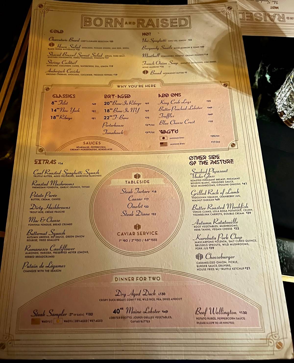 Menu at Born and Raised steakhouse, San Diego, India St