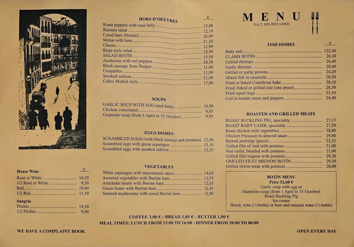Menu at Botín steakhouse, Madrid, C. de Cuchilleros
