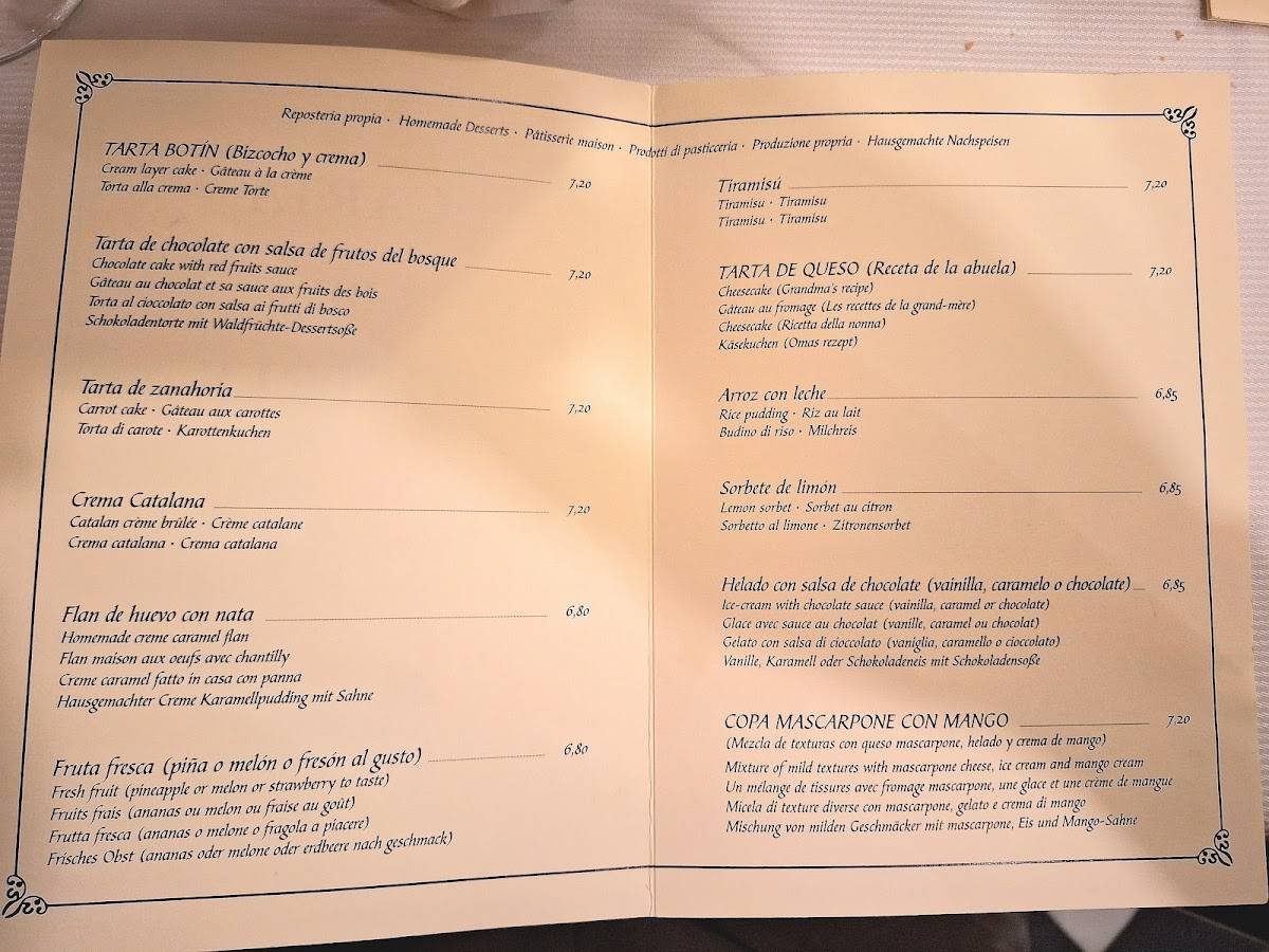 Menu at Botín steakhouse, Madrid, C. de Cuchilleros