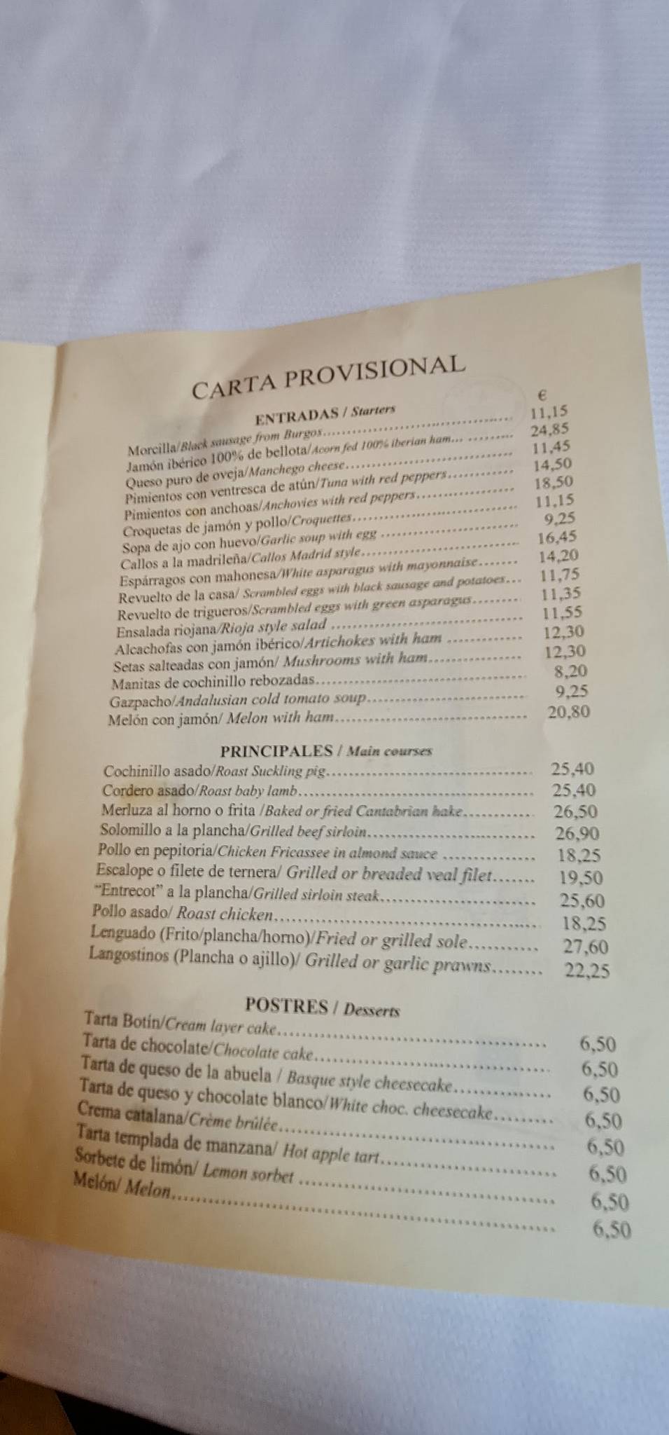 Menu at Botín steakhouse, Madrid, C. de Cuchilleros
