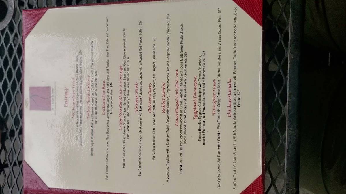 Menu at The Square Root restaurant, Brevard