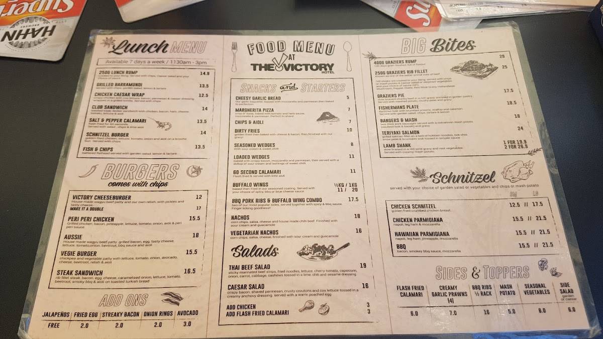 Menu at Victory Hotel pub & bar, Brisbane City
