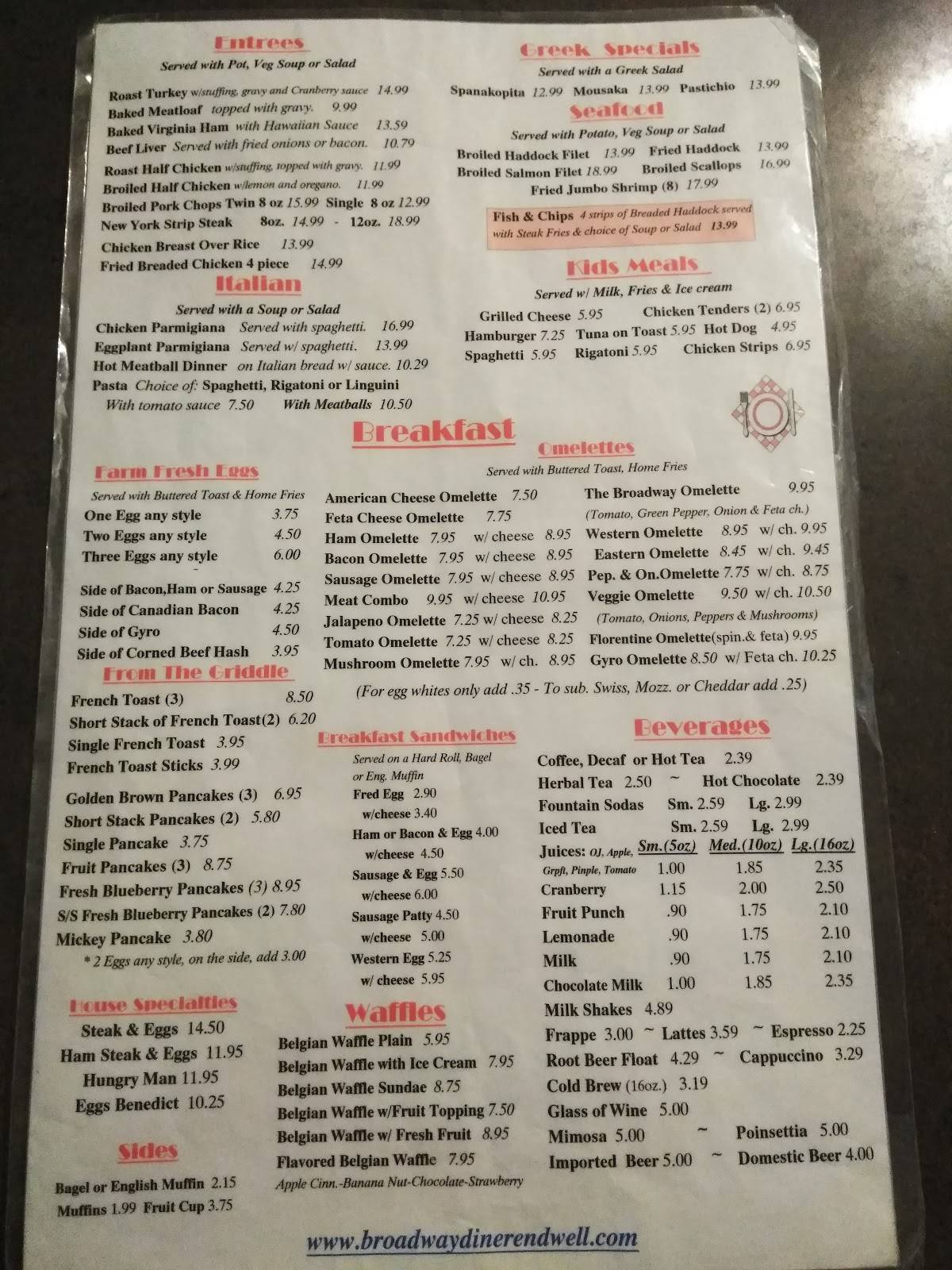 Menu at Broadway Diner restaurant, Endwell