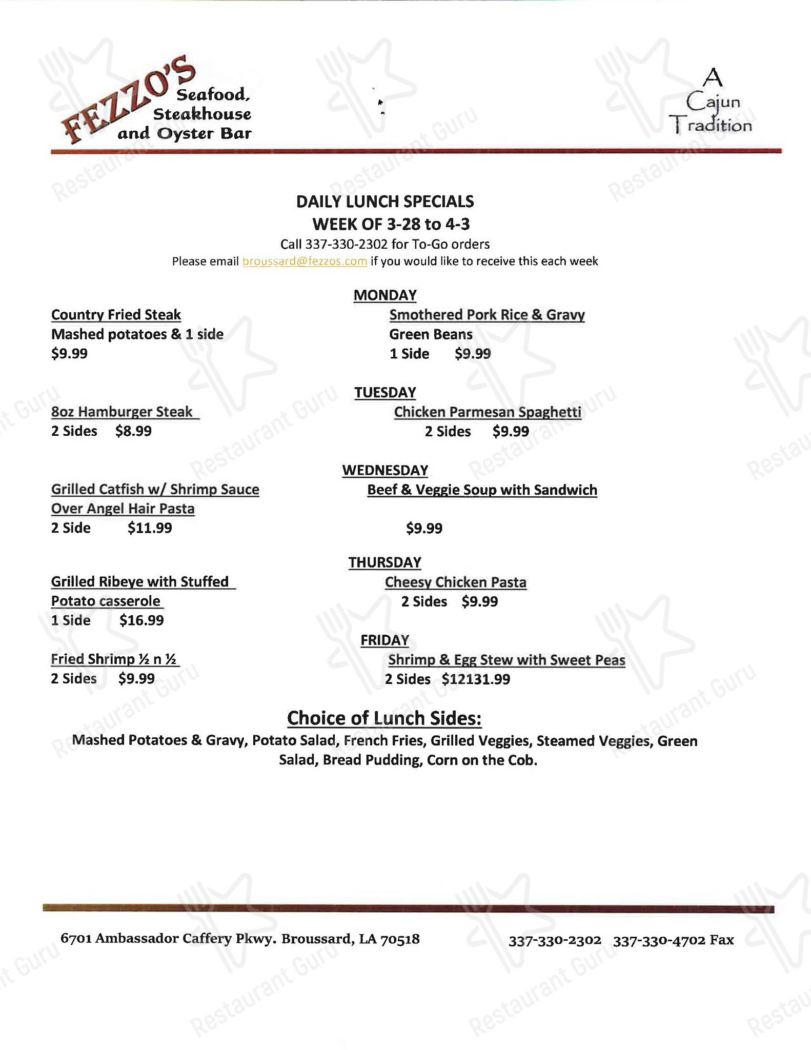 Carta de Fezzo's Seafood, Steakhouse & Oyster Bar, Broussard