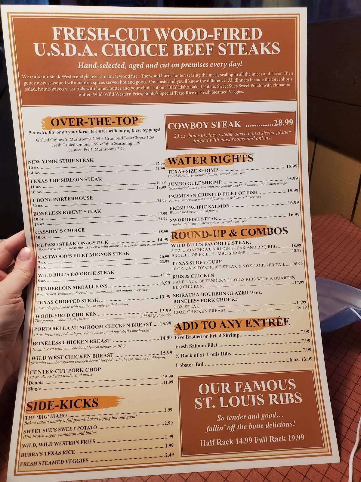 Menu at Brown Derby Road House steakhouse, Ontario