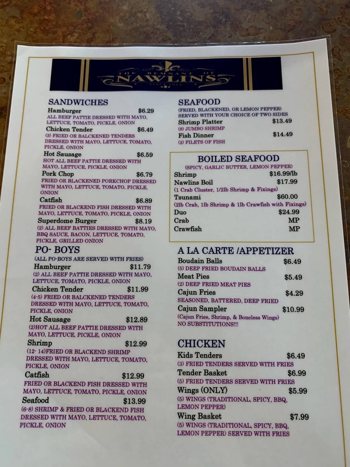 Menu at The Remnant Of Nawlins restaurant, Bryan