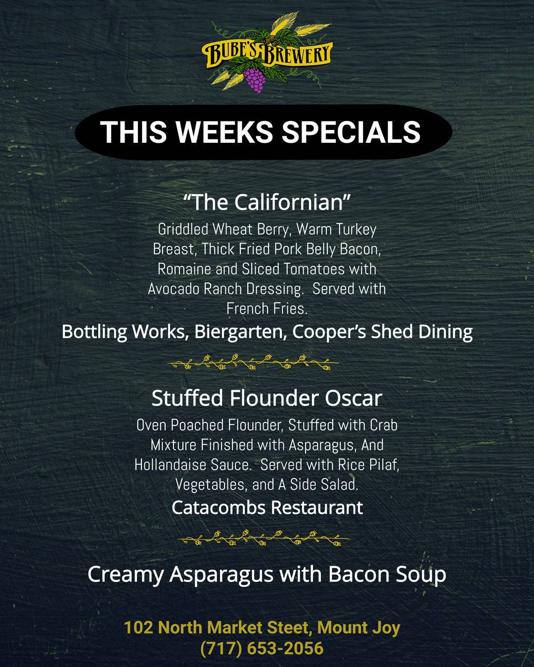 Menu at Bube's Brewery pub & bar, Mount Joy, 102 N Market St