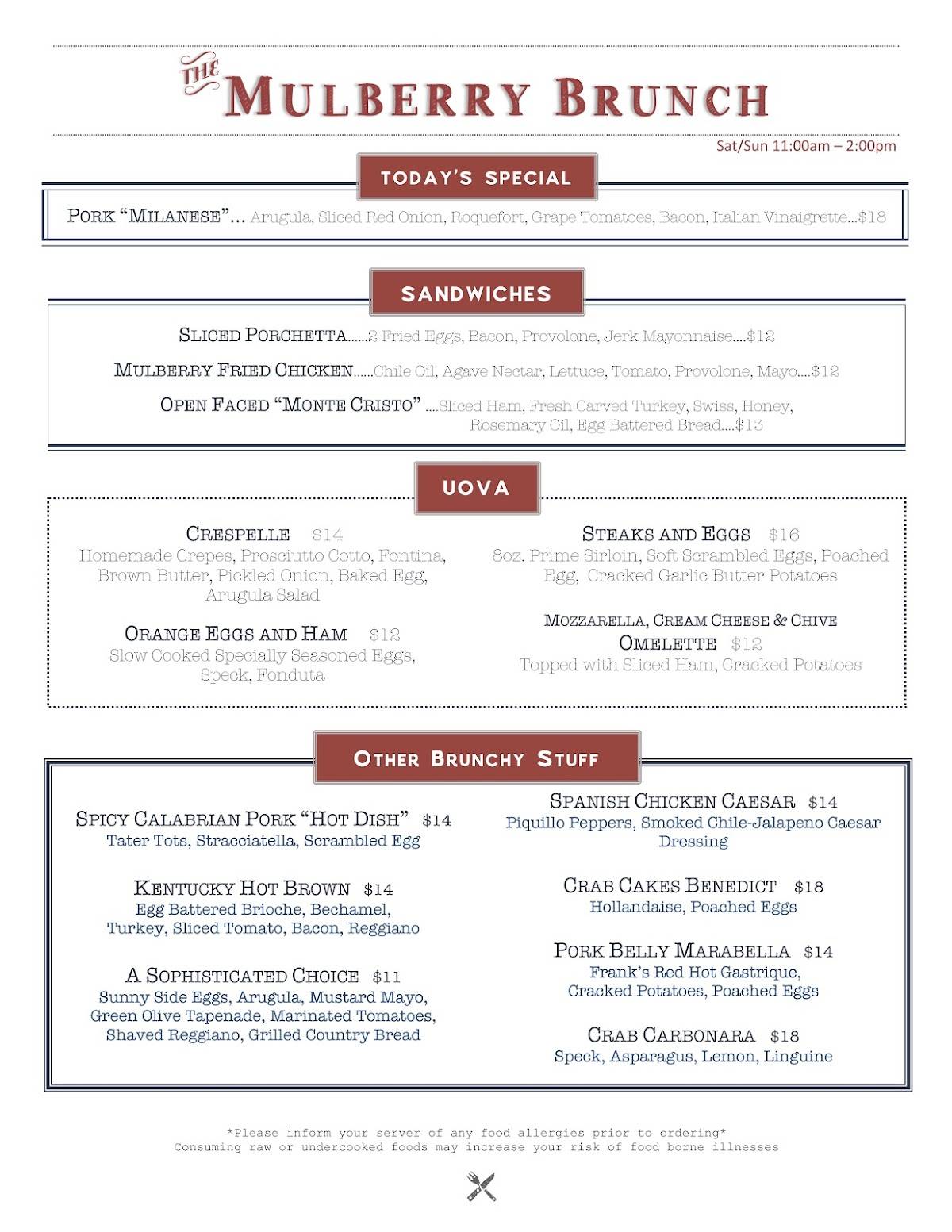 Menu at Mulberry Italian Ristorante pub & bar, Lackawanna