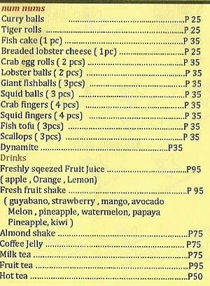 Menu at Bugis Singapore Street Food restaurant, Manila