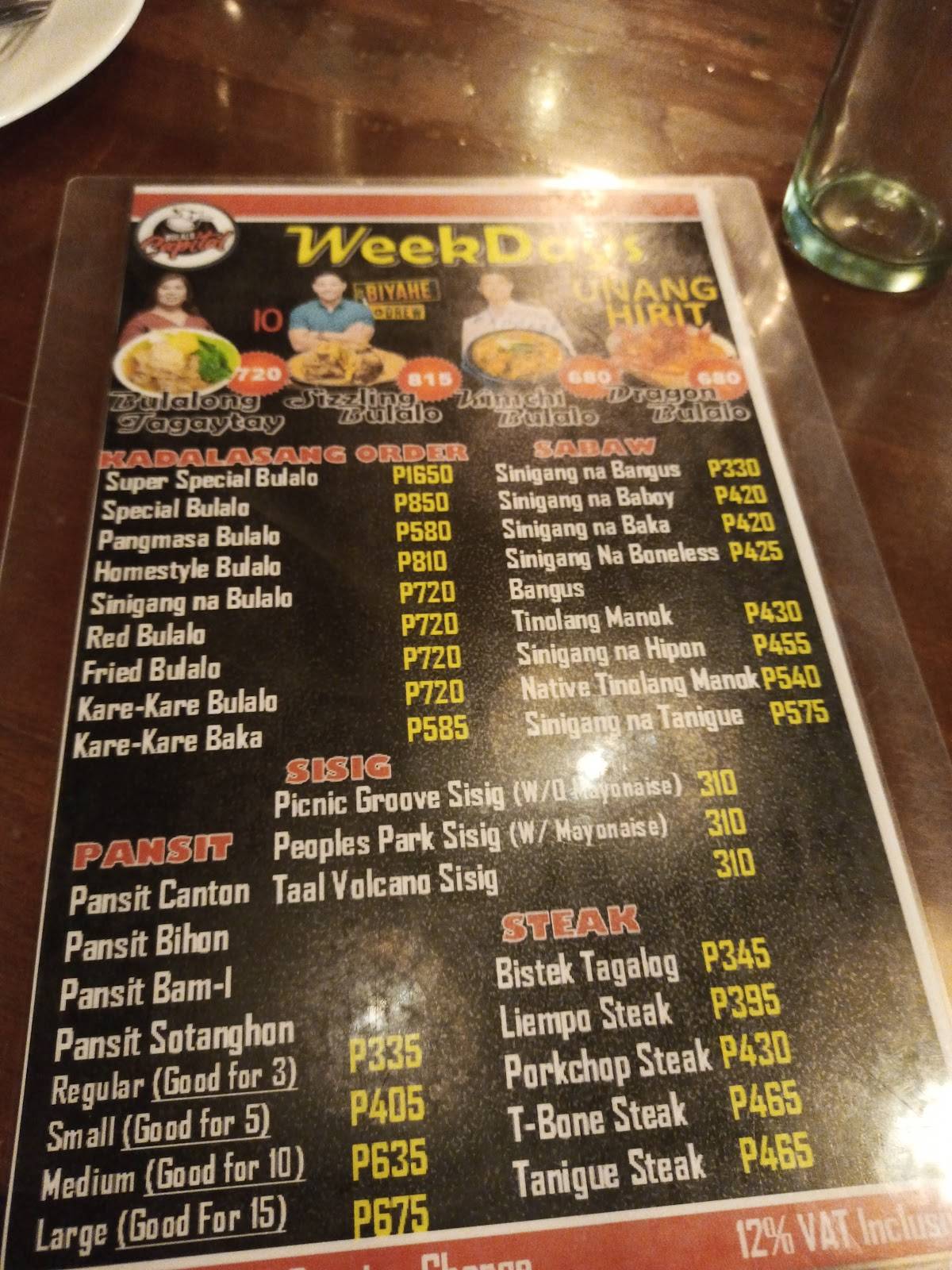 Menu at Bulalo Capital Main (KTV Resto) restaurant, Tagaytay