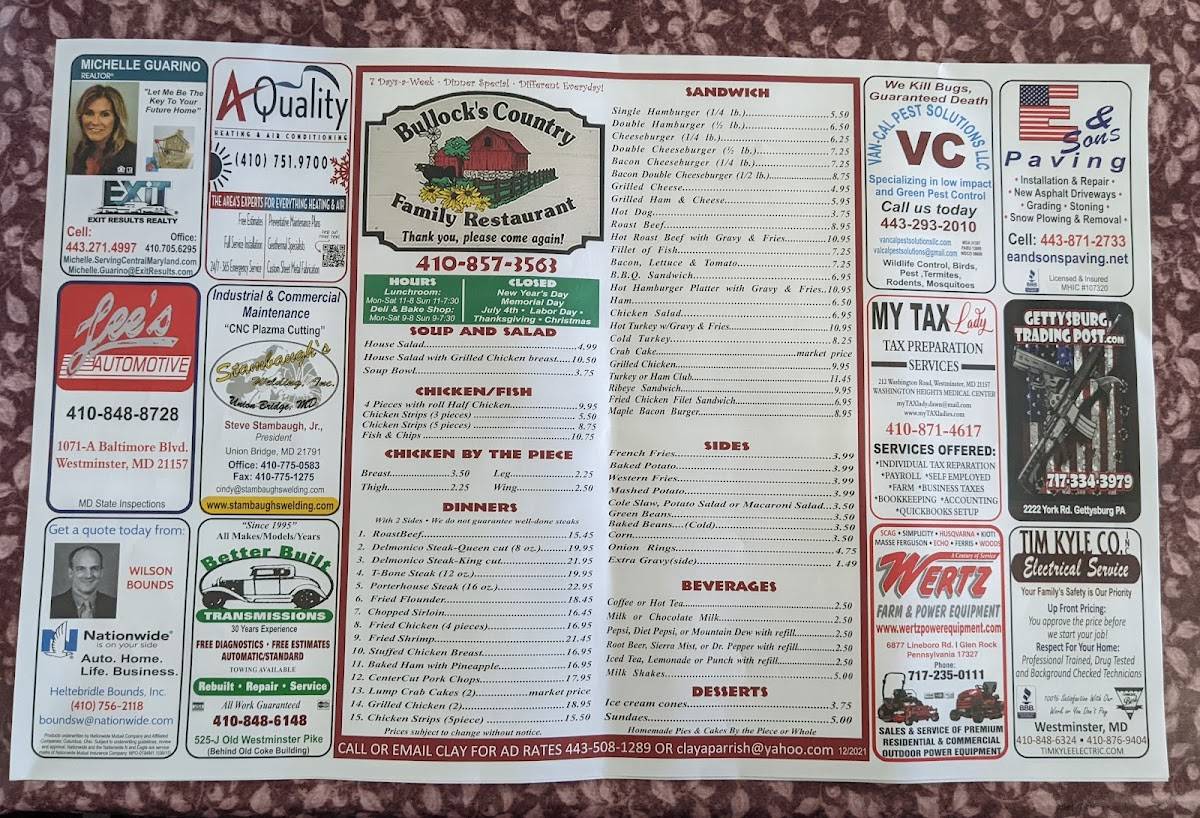 Menu at Bullock's Restaurant, Westminster