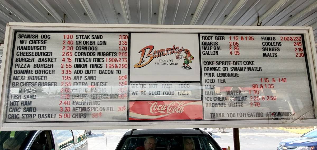 Menu at Bummie's Drive-In restaurant, Bluffton