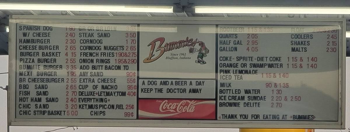 Menu at Bummie's Drive-In restaurant, Bluffton