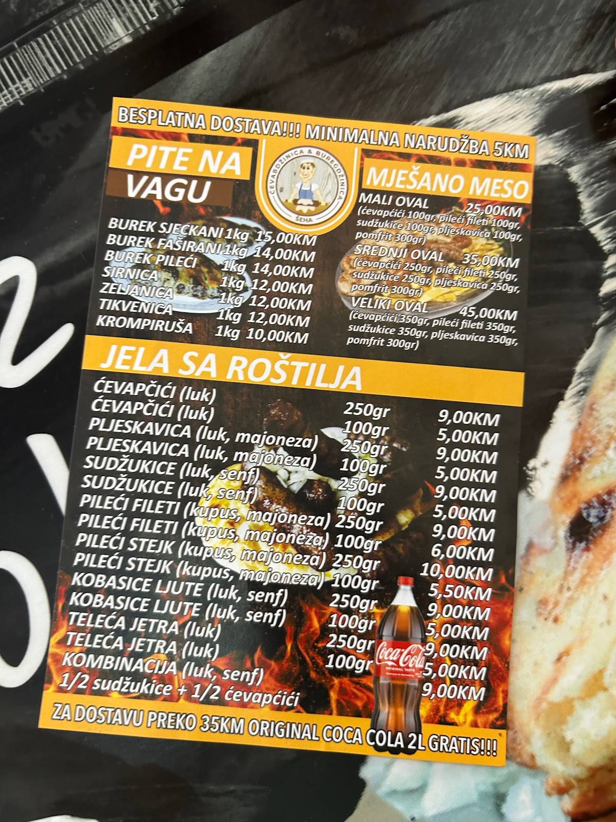 Menu at Buregdžinica/Ćevabdžinica "Šeha" restaurant, Sarajevo