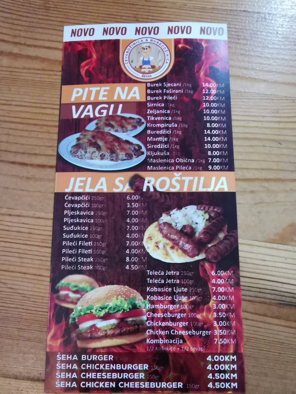 Menu at Buregdžinica/Ćevabdžinica "Šeha" restaurant, Sarajevo