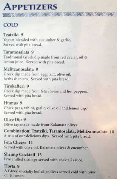 Menu at Sotiris Greek Restaurant, Burlington
