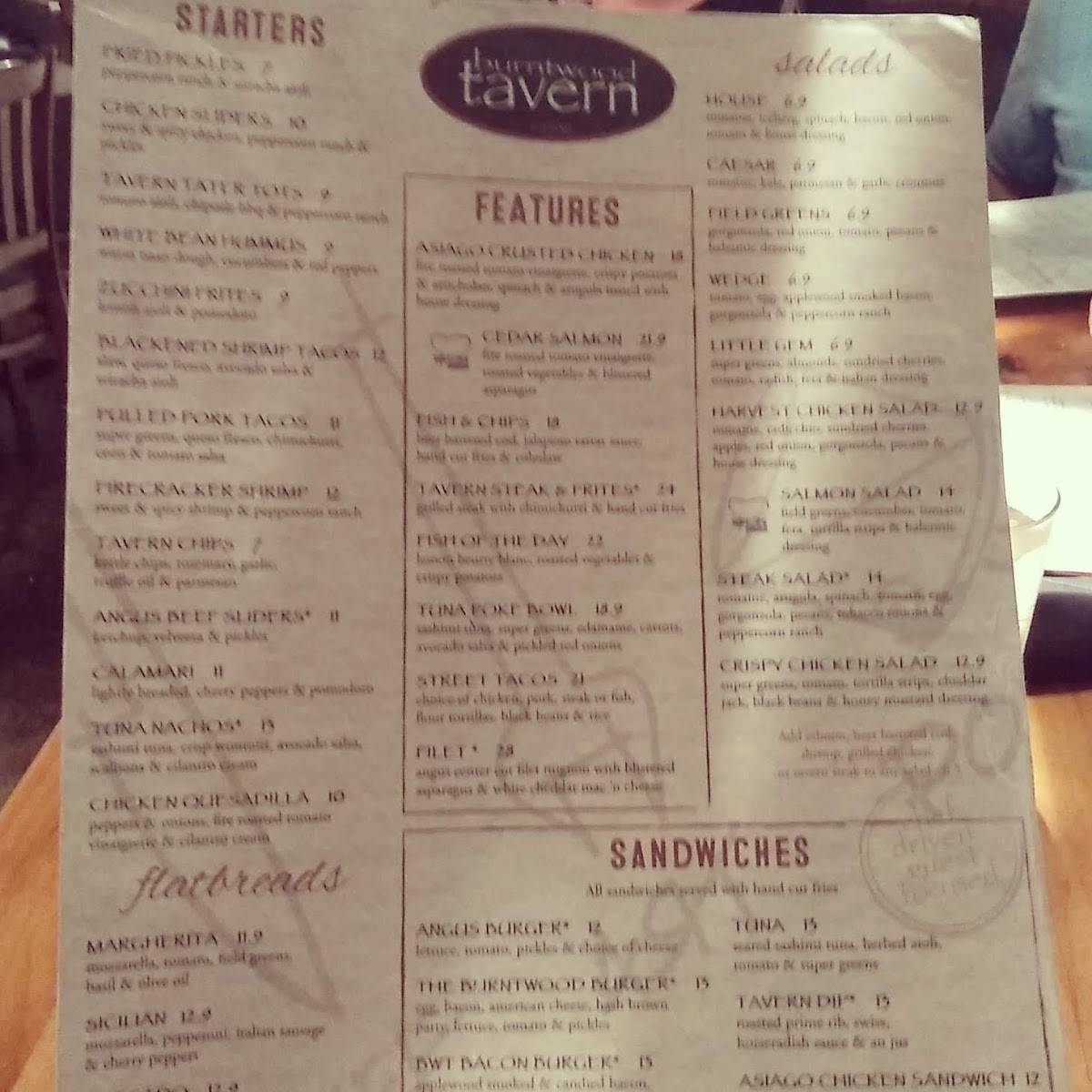 Menu at Burntwood Tavern restaurant, Fairlawn